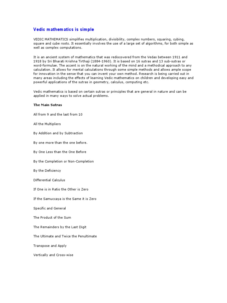 Vedic Mathematics Is Simple: The Main Sutras | PDF | Multiplication ...