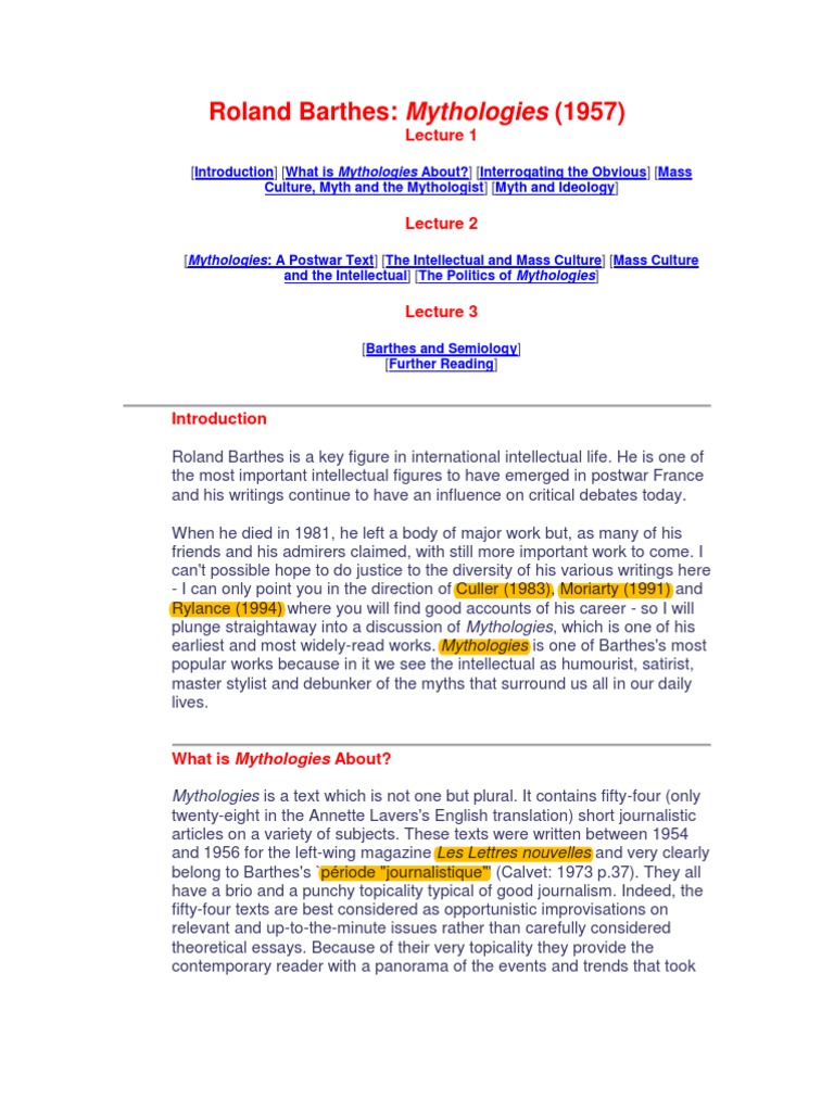 Roland Barthes - Mythologies (1957) | PDF | Philosophy