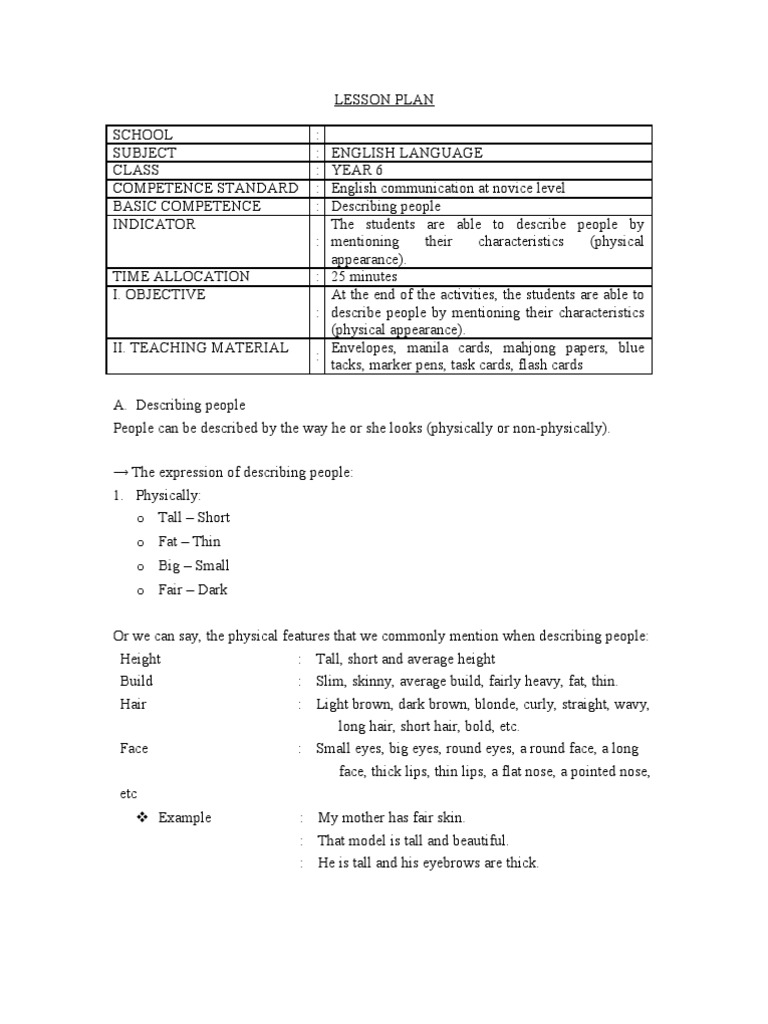 LESSON PLAN - Describing-People | PDF | Multiple Choice | Eyebrow