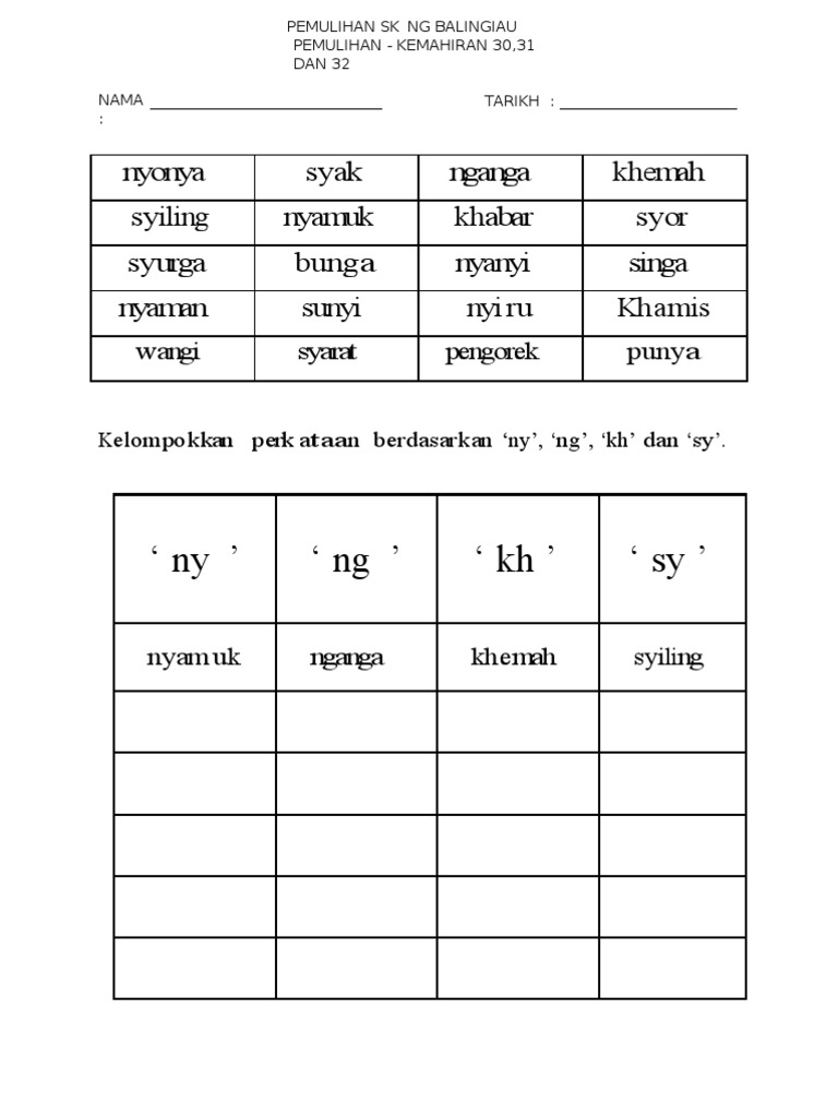 Kemahiran 30 Perkataan Gabungan Konsonan Digraf | PDF | Olahraga ...