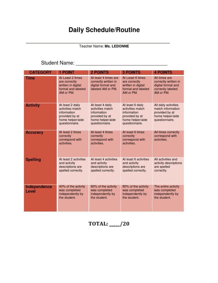 Daily Schedule/Routine: Student Name | PDF | Self-Improvement