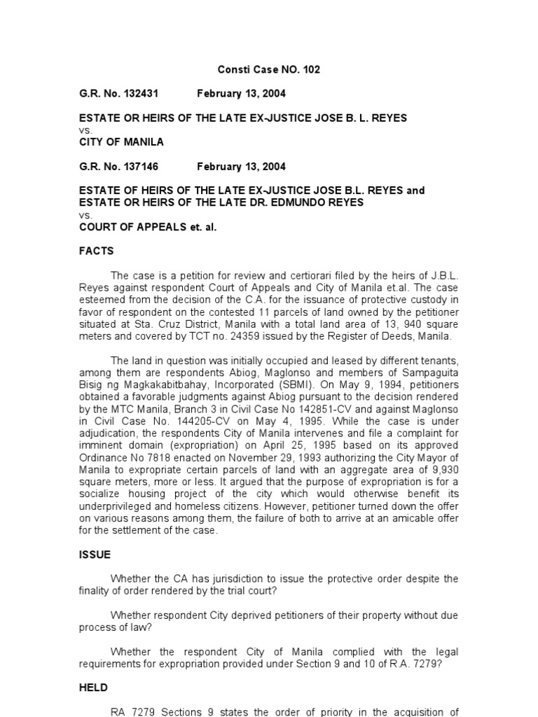 Expropriation Case: Reyes vs. City of Manila | PDF | Eminent Domain ...