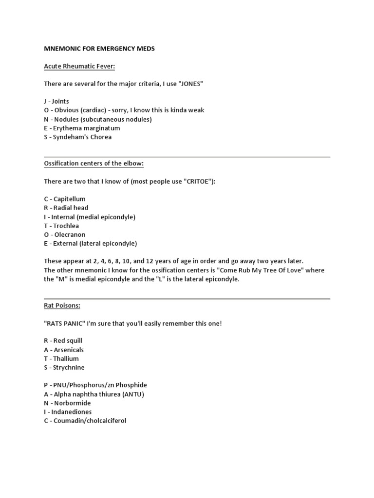 Jones Criteria Mnemonic for Rheumatic Fever | PDF | Pain | Anemia