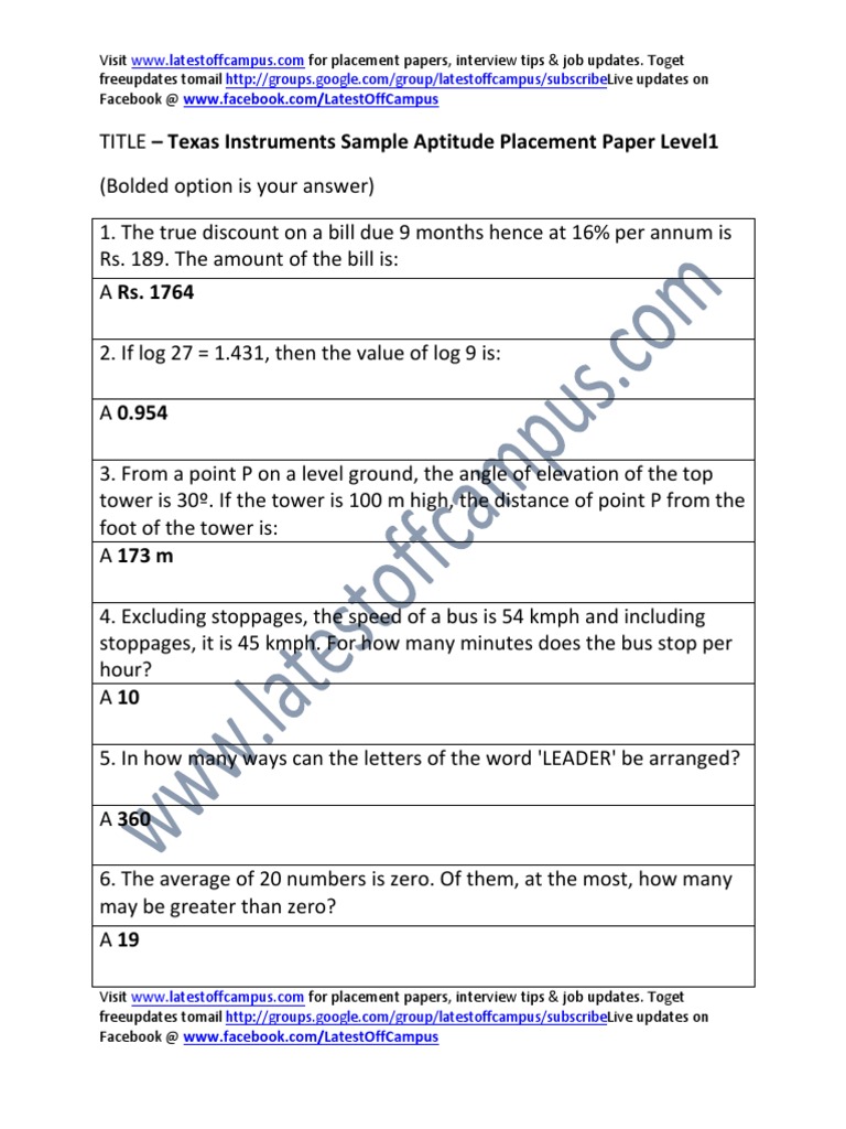 Texas Instruments Sample Aptitude Placement Paper Level1 Pdf Facebook Interest