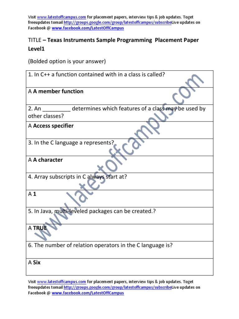 Texas Instruments Sample Programming Placement Paper Level1 | PDF | Class (Computer Programming ...