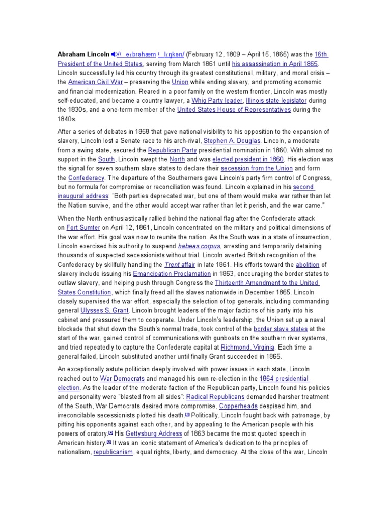 Abraham Lincoln | PDF | Abraham Lincoln | John Wilkes Booth