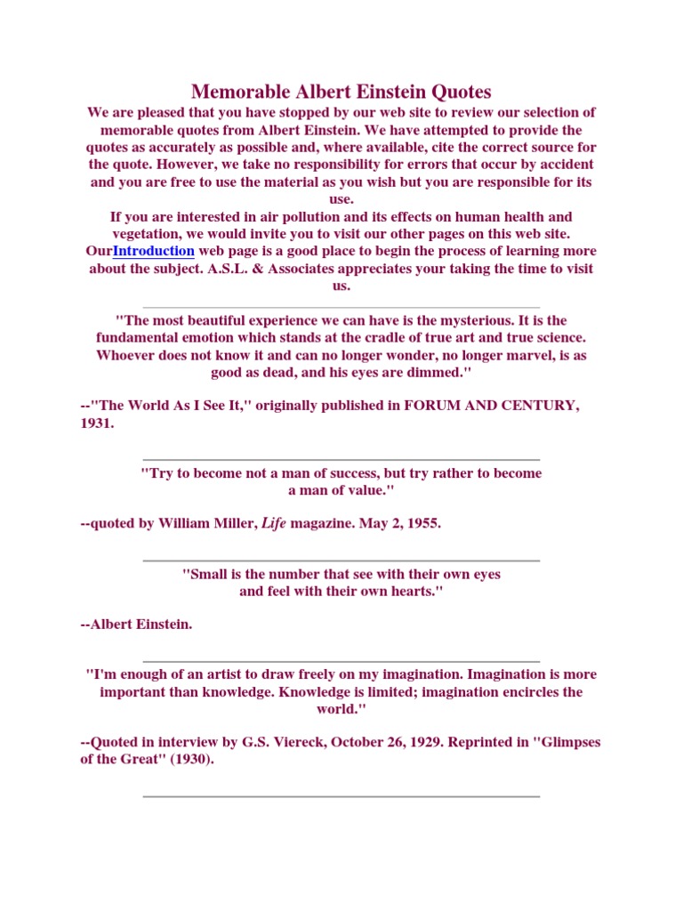 Memorable Albert Einstein Quotes | PDF | Albert Einstein | Imagination