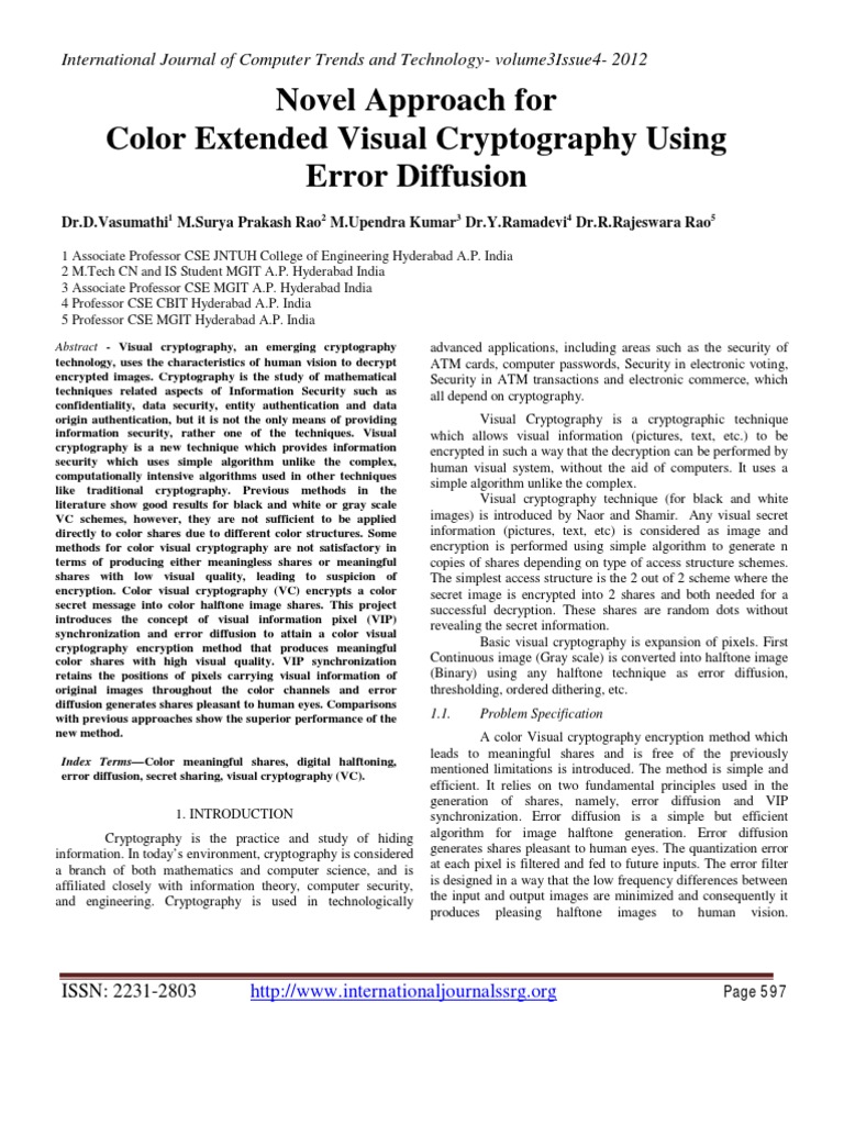 Novel Approach For Color Extended Visual Cryptography Using Error Diffusion | PDF | Vision ...
