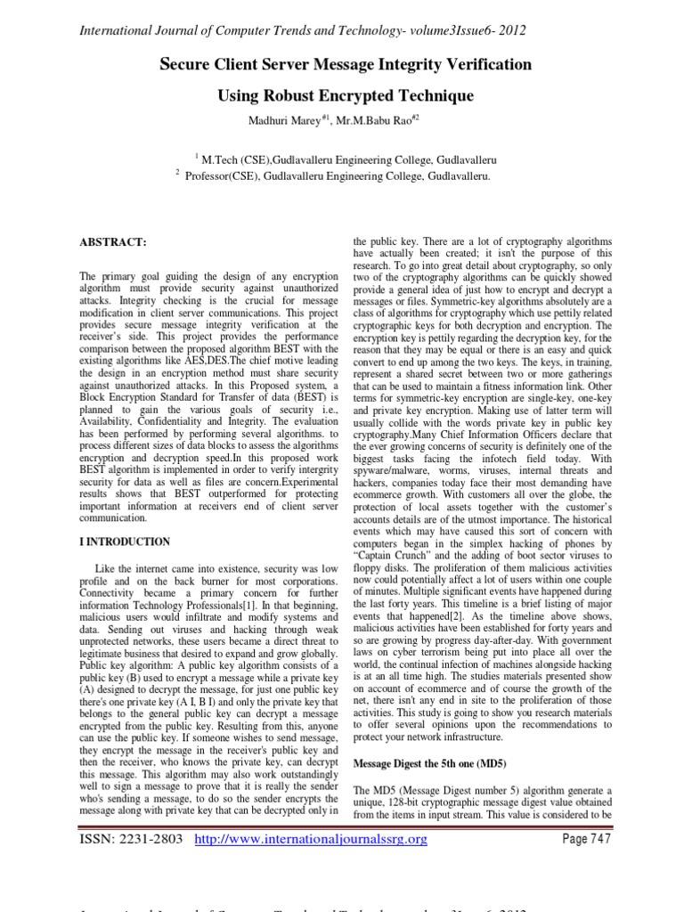 Ecure Client Server Message Integrity Verification Using Robust Encrypted Technique | PDF ...