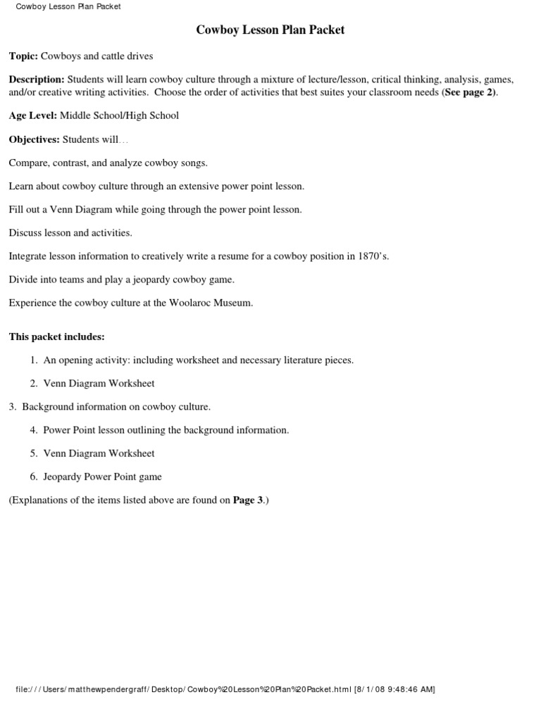 Cowboy Lesson Plan | PDF | Cowboys | Ranches