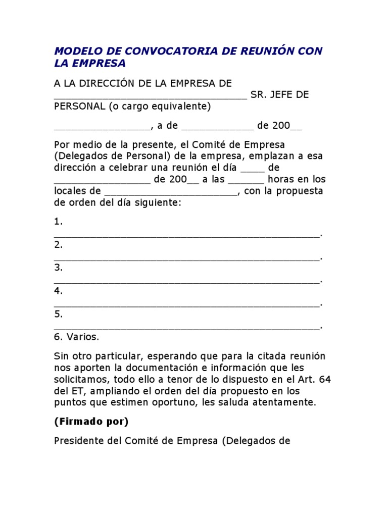 Modelo de Convocatoria de Reunión Con La Empresa | PDF | Agitación