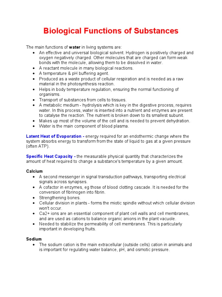 Biological Functions of Substances | PDF | Electrolyte | Cell (Biology)