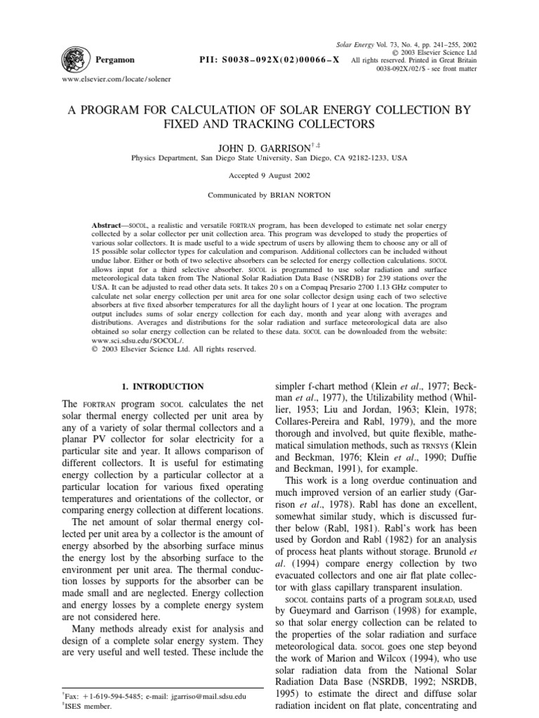 A Program For Calculation of Solar Energy Collection by Fixed and ...