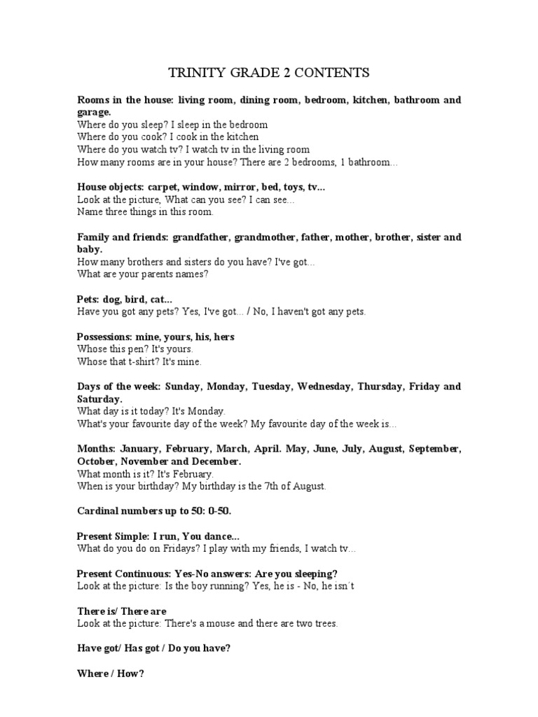 Trinity Grade 2 Contents | PDF