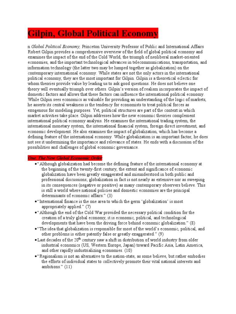 Gilpin, Global Political Economy: One. The New Global Economic Order ...