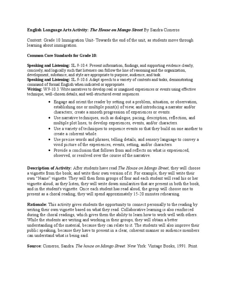 Mango Street Vignette Writing Activity | PDF | Narrative | Lesson Plan