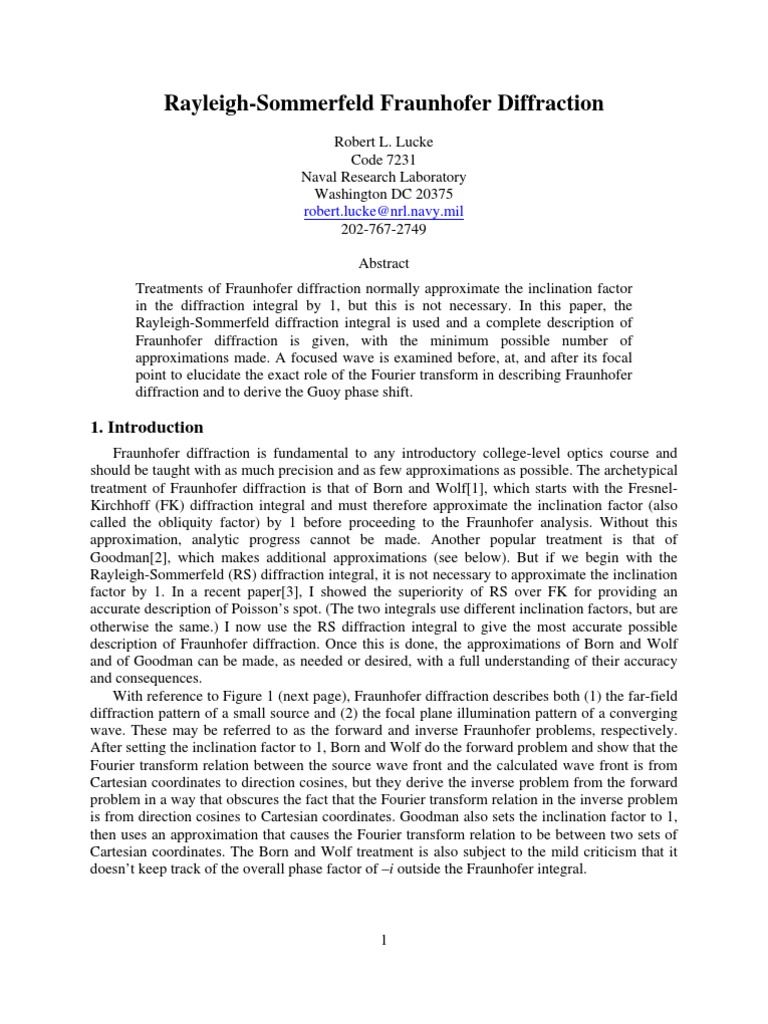 Rayleigh-Sommerfeld Fraunhofer Diffraction | PDF | Diffraction | Trigonometric Functions
