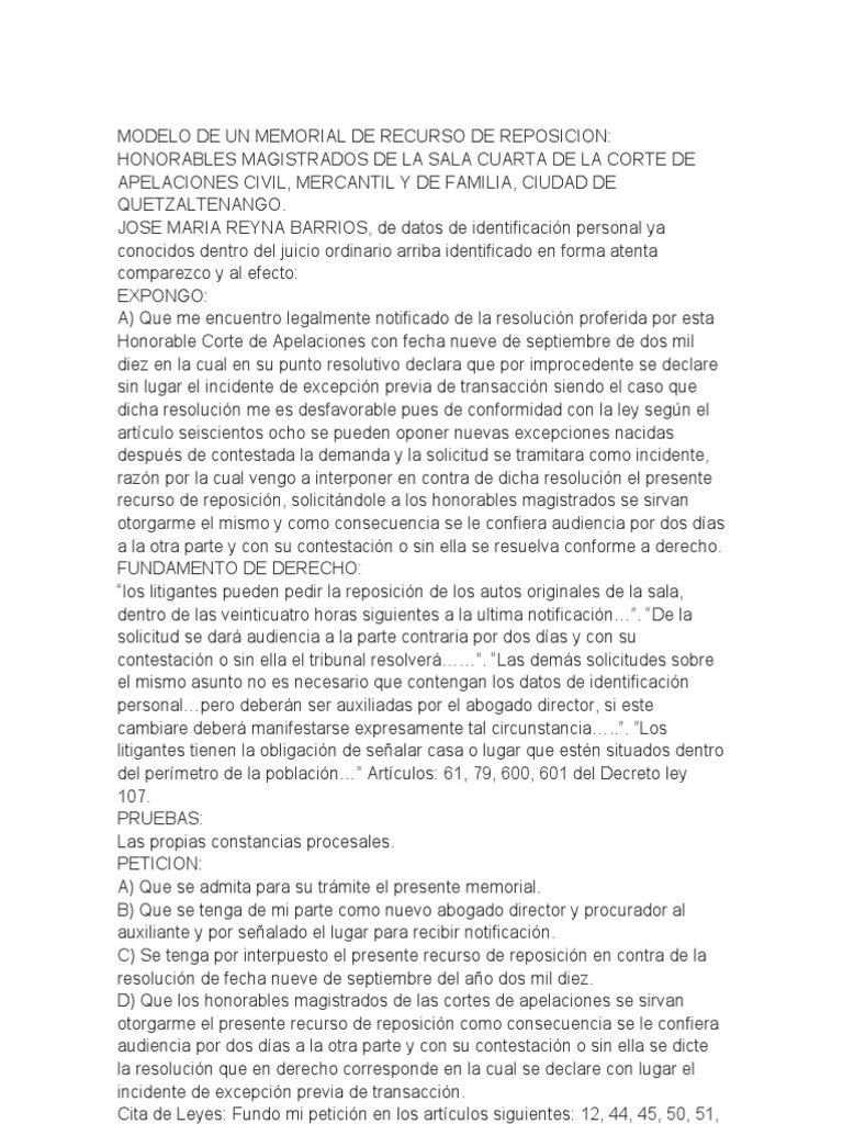 Modelo de Un Memorial de Recurso de Reposicion Civil | PDF | Apelación interlocutoria ...