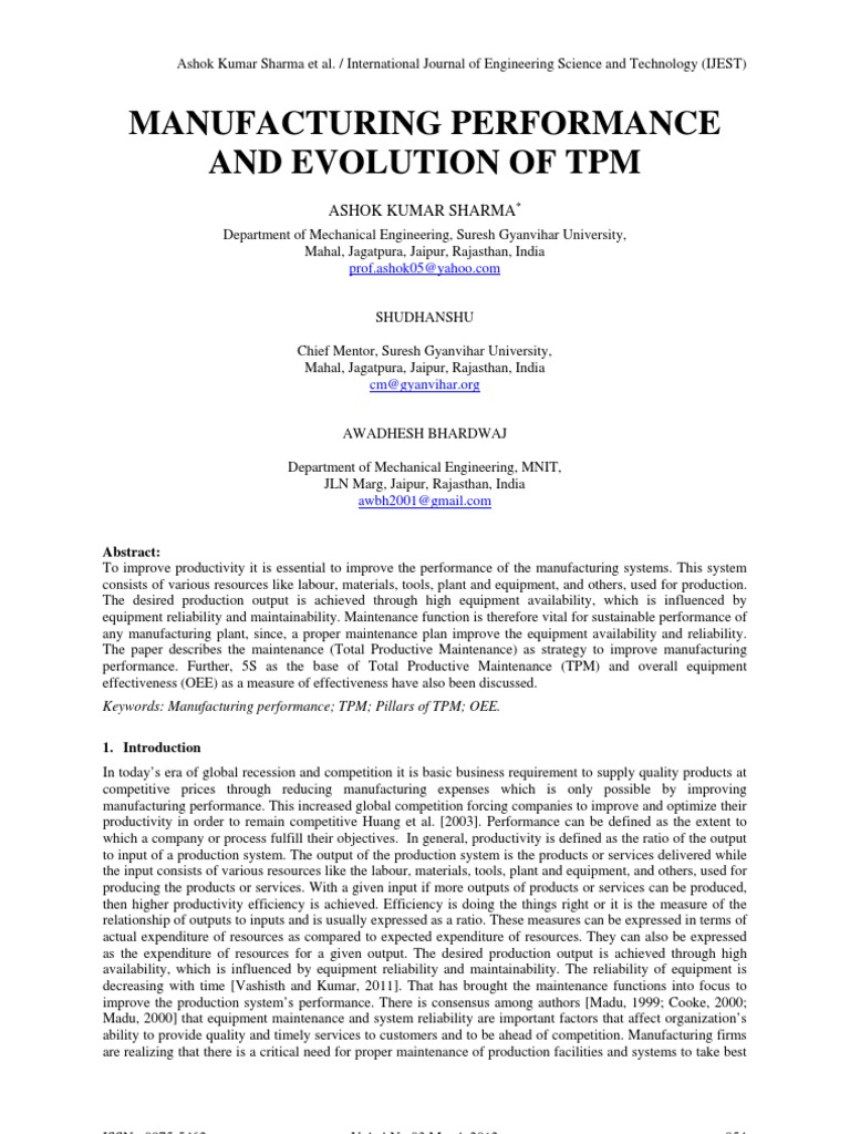 Manufacturing Performance by TPM | Download Free PDF | Reliability ...