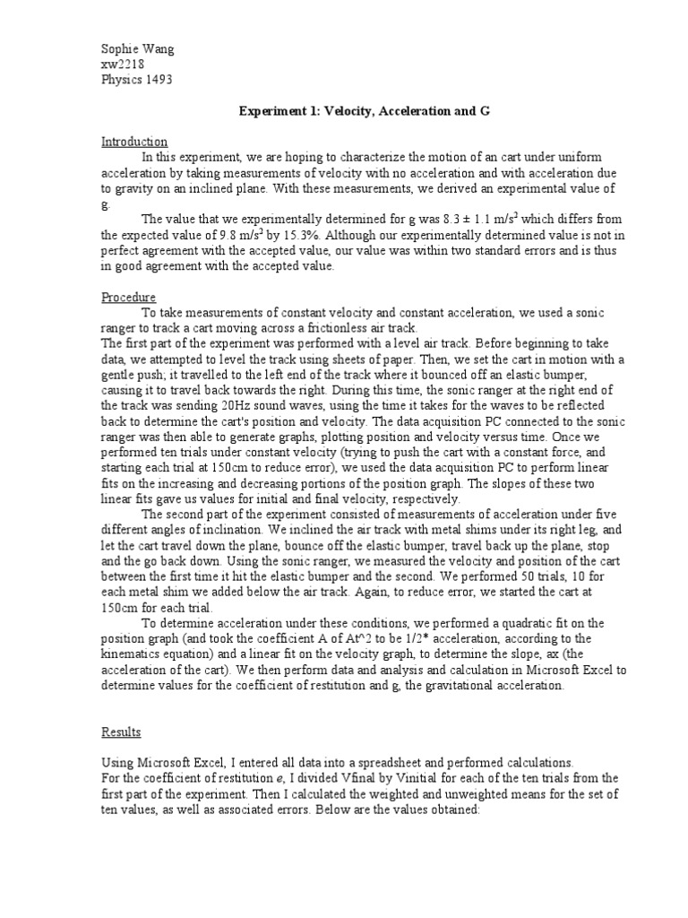 Experiment 1 Physics Lab Download Free Pdf Acceleration Collision