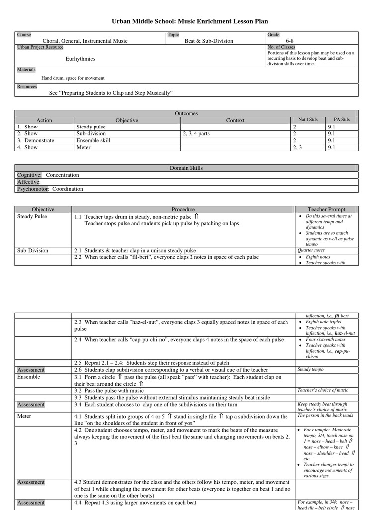 Urban Middle School: Music Enrichment Lesson Plan | PDF | Tempo ...