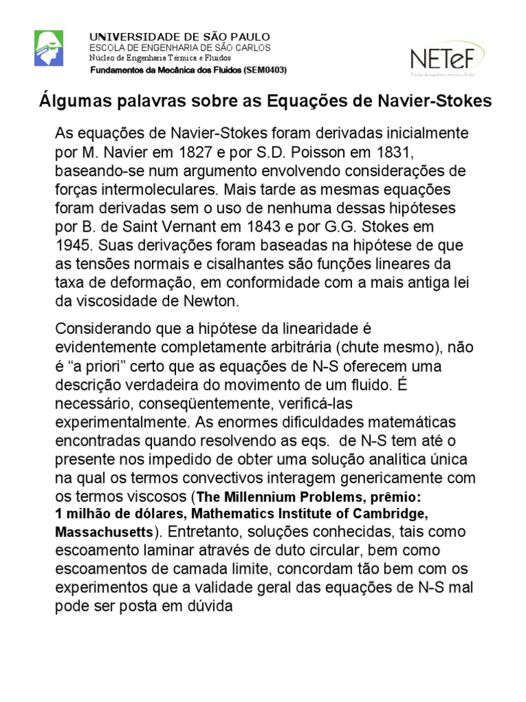 Dedução Equação de Navier Stokes | PDF | Equações de Navier-Stokes ...