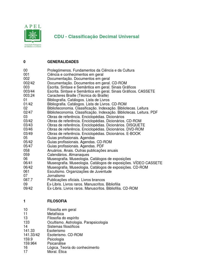 CDU - Classificação Decimal Universal: 0 Generalidades | PDF | Economia ...