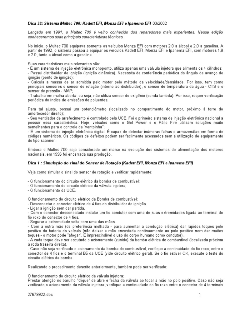 Dica 32 Sistema Multec 700 Kadett EFI | PDF | Motores | Injeção eletrônica