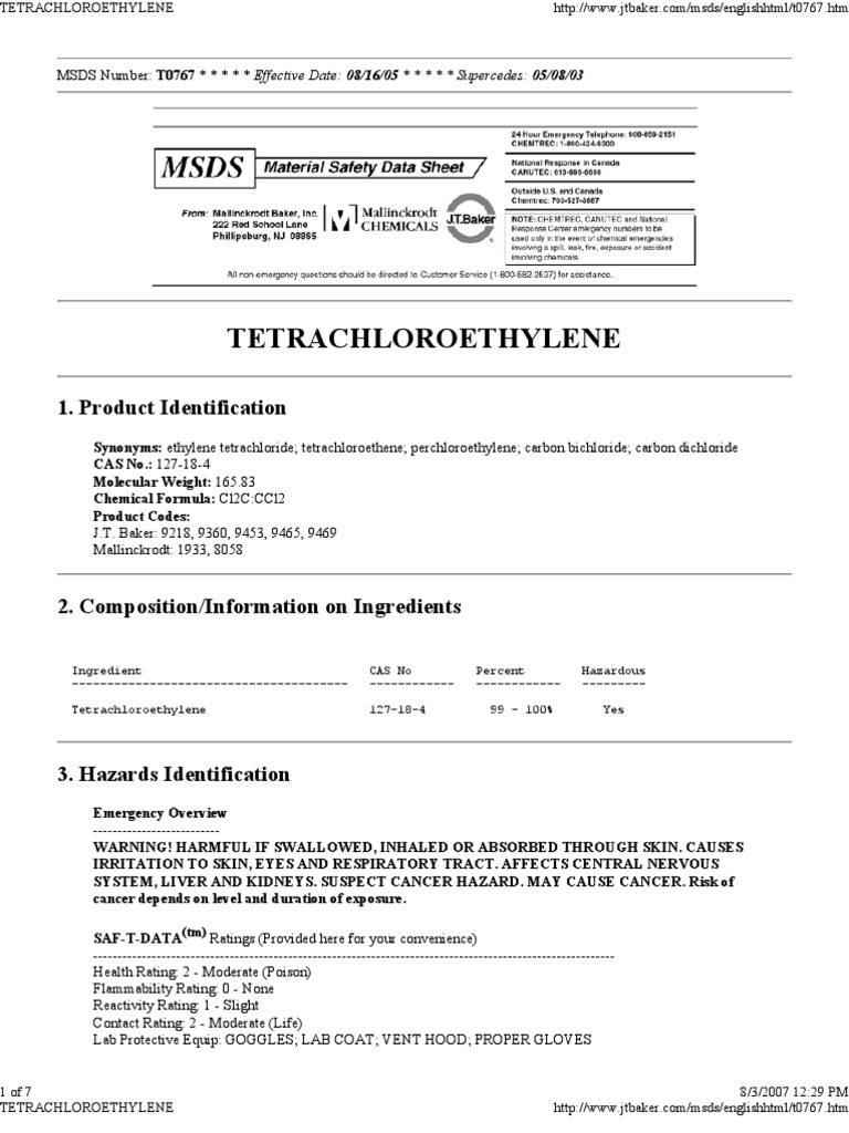 Perchloroethylene MSDS | PDF | Toxicity | Water