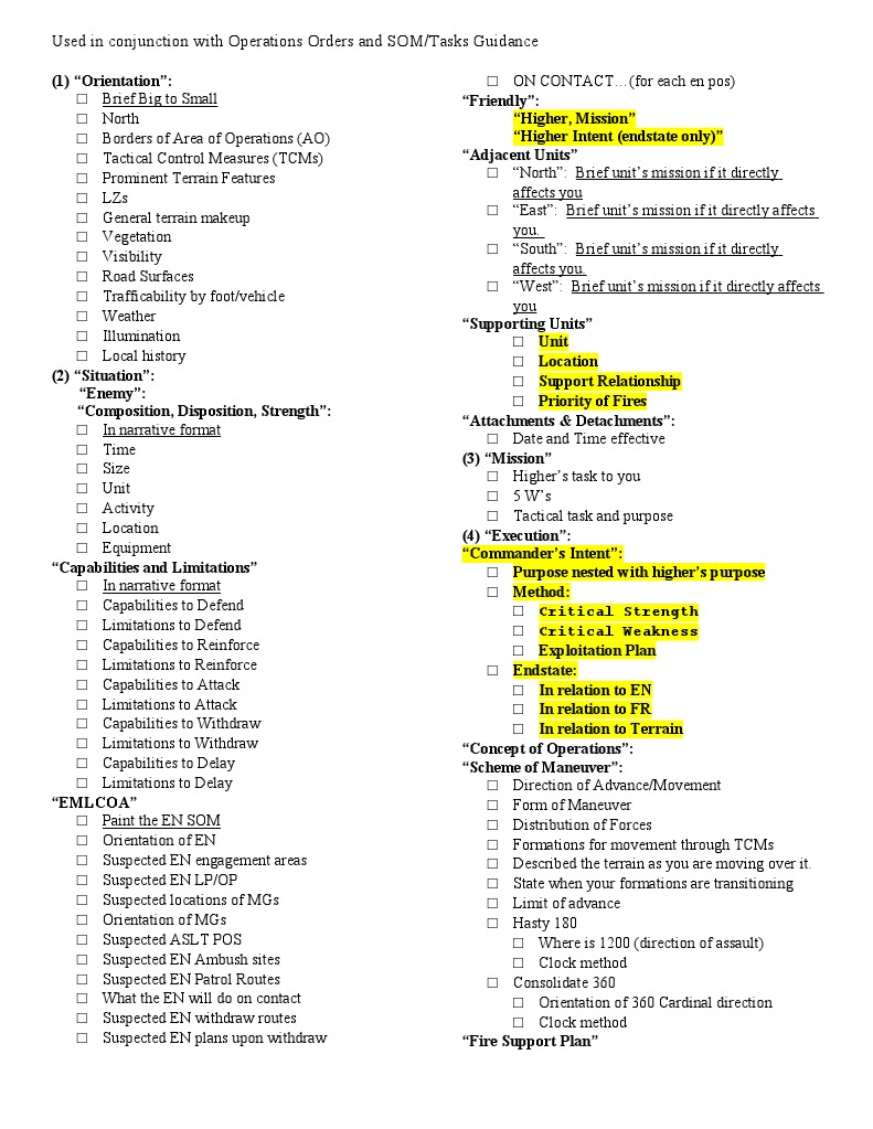 Combat Orders Checklist-1-1 | PDF | Maneuver Warfare | Ambush