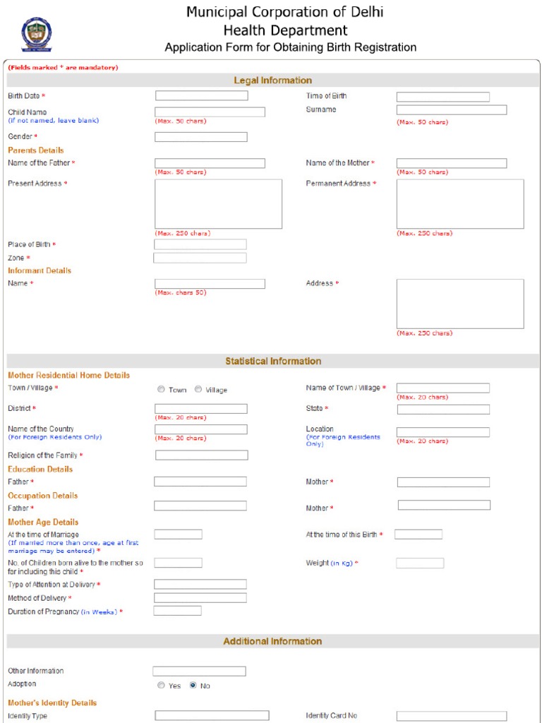 Delhi MCD Birth Registration Form | PDF