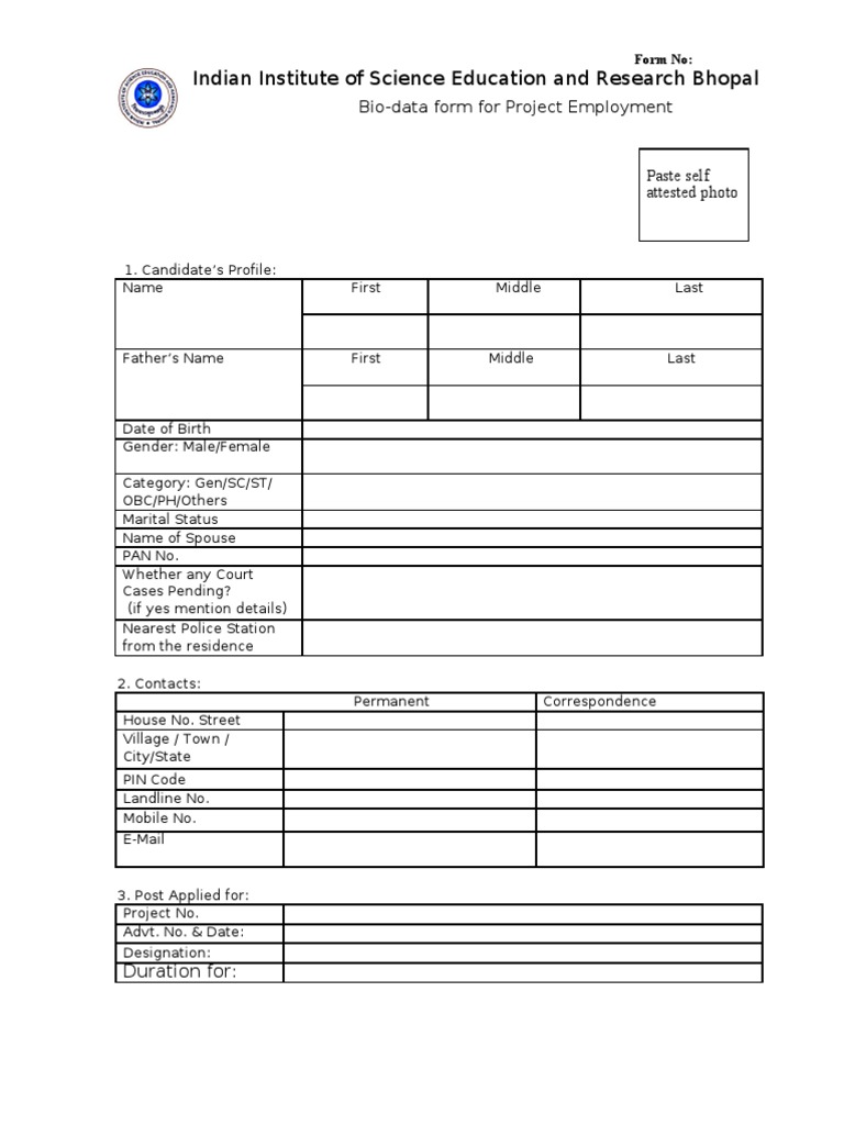 IISER Bhopal Project Employment Bio-data Form | PDF | Social Science