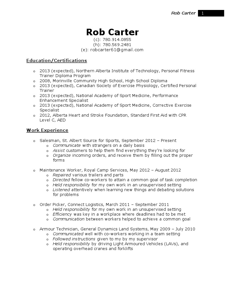 Rob Carter: Fitness Trainer Resume | PDF