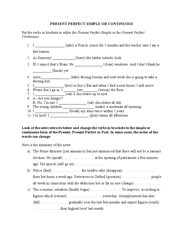 Present Perfect Simple vs Continuous Exercise | PDF