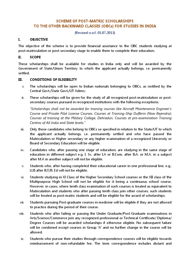 Scheme of Post-Matric Scholarships To The Other Backward Classes (Obcs ...