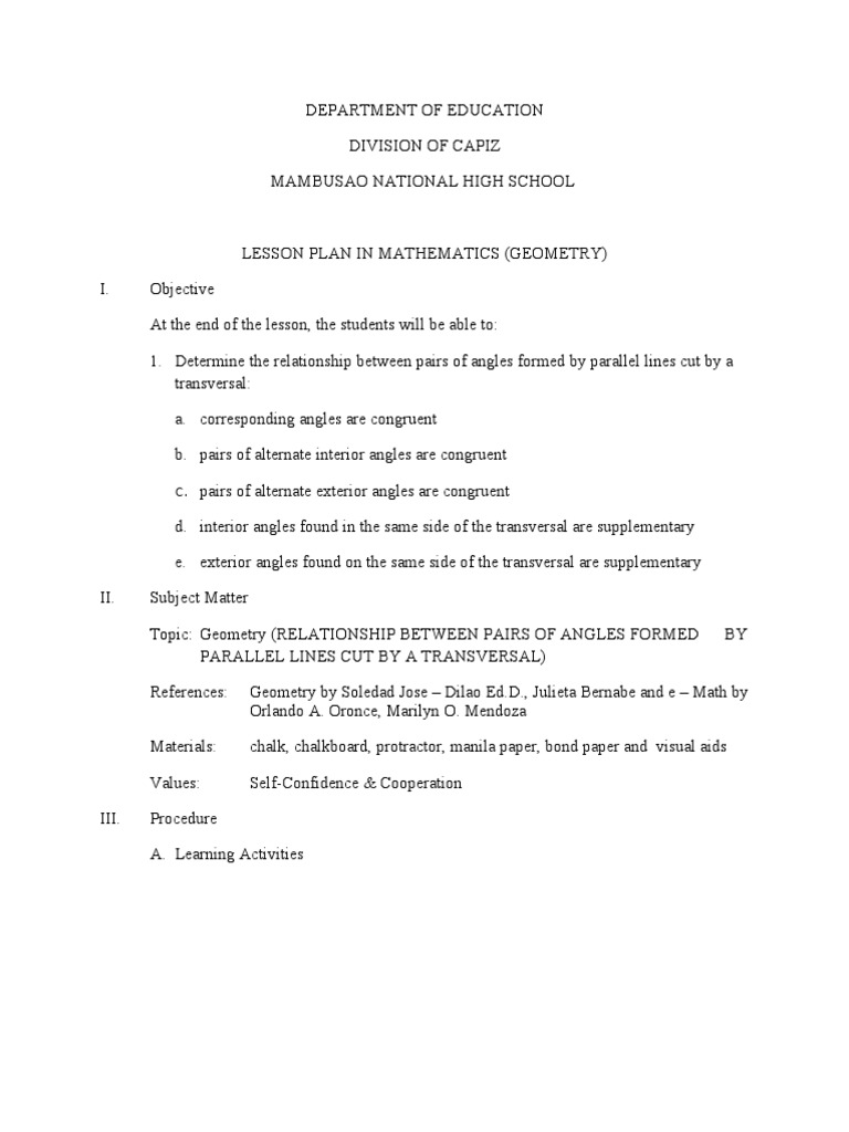 Geometry Lesson Plan: Angle Relationships | PDF | Angle | Elementary ...