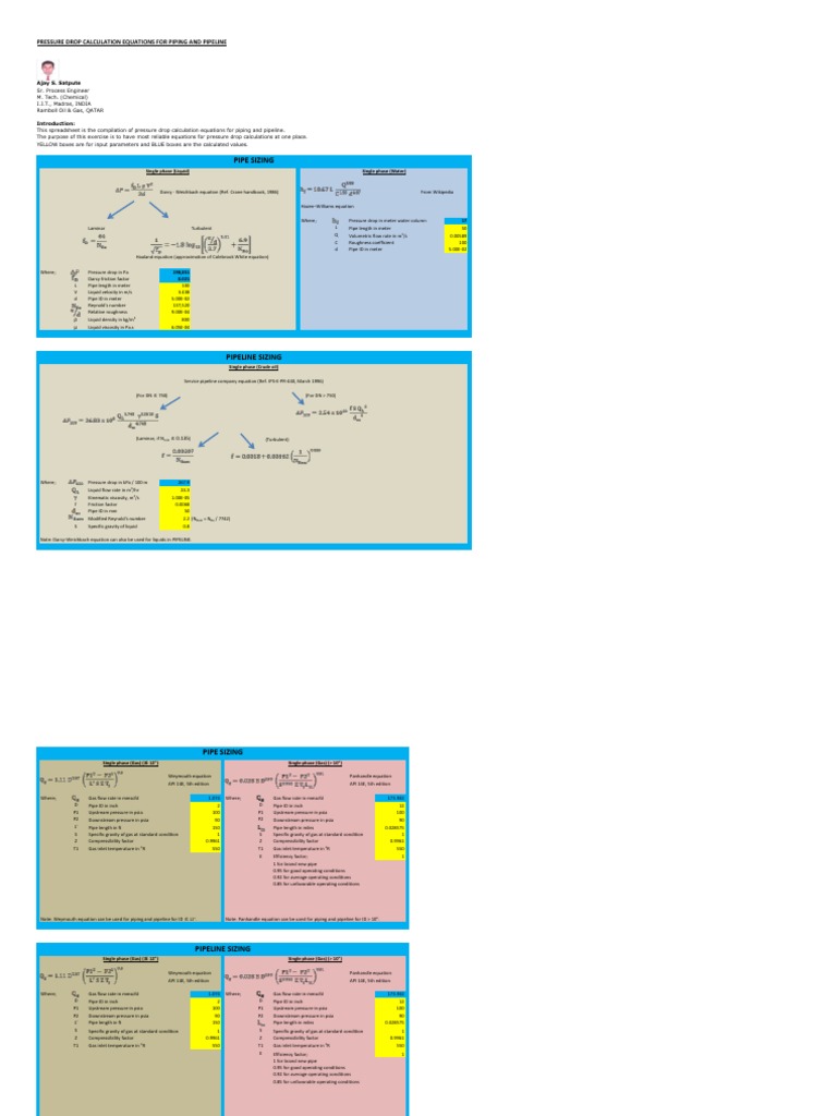 Pressure Drop Calculation Equations For PIPING and PIPELINE | PDF ...