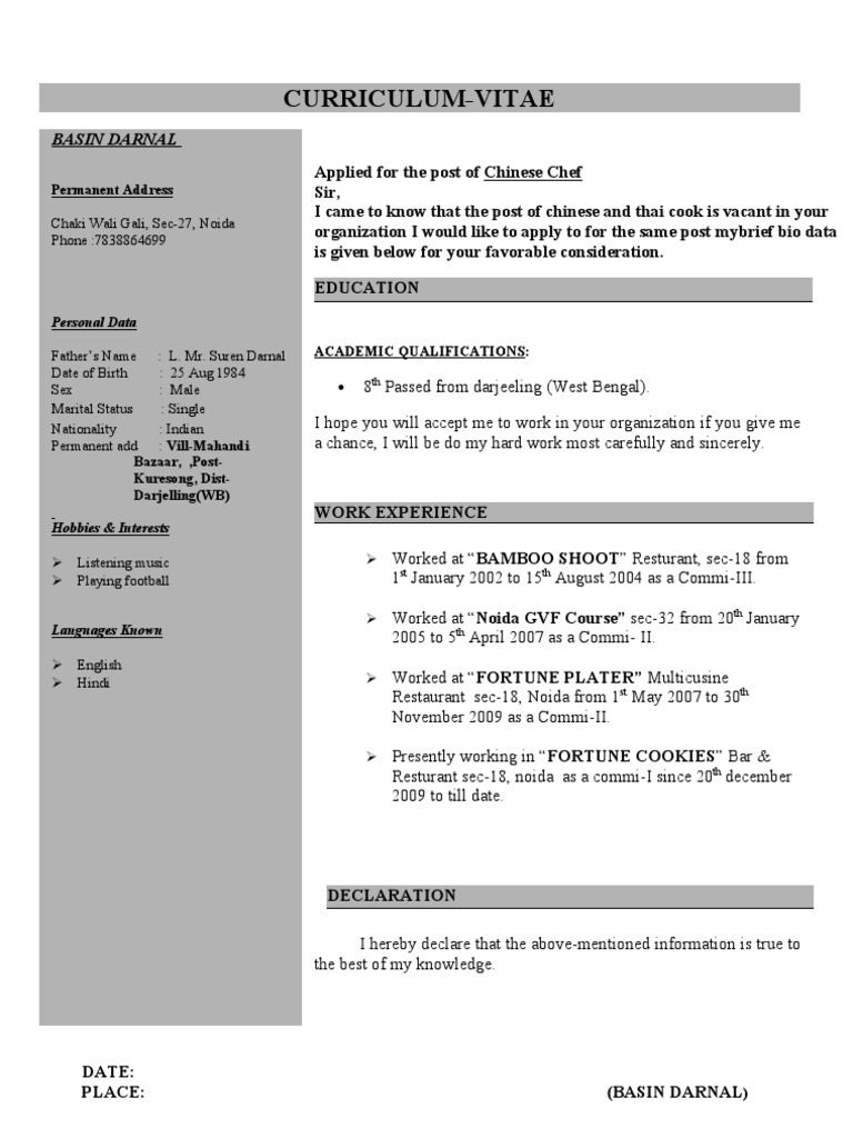 Chinese Chef CV of Basin Darnal | PDF