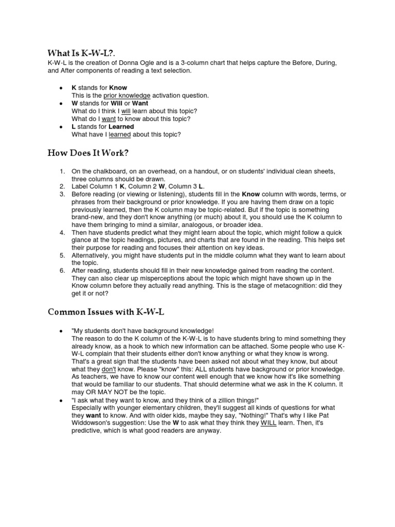 KWL | PDF | Reading (Process) | Metacognition