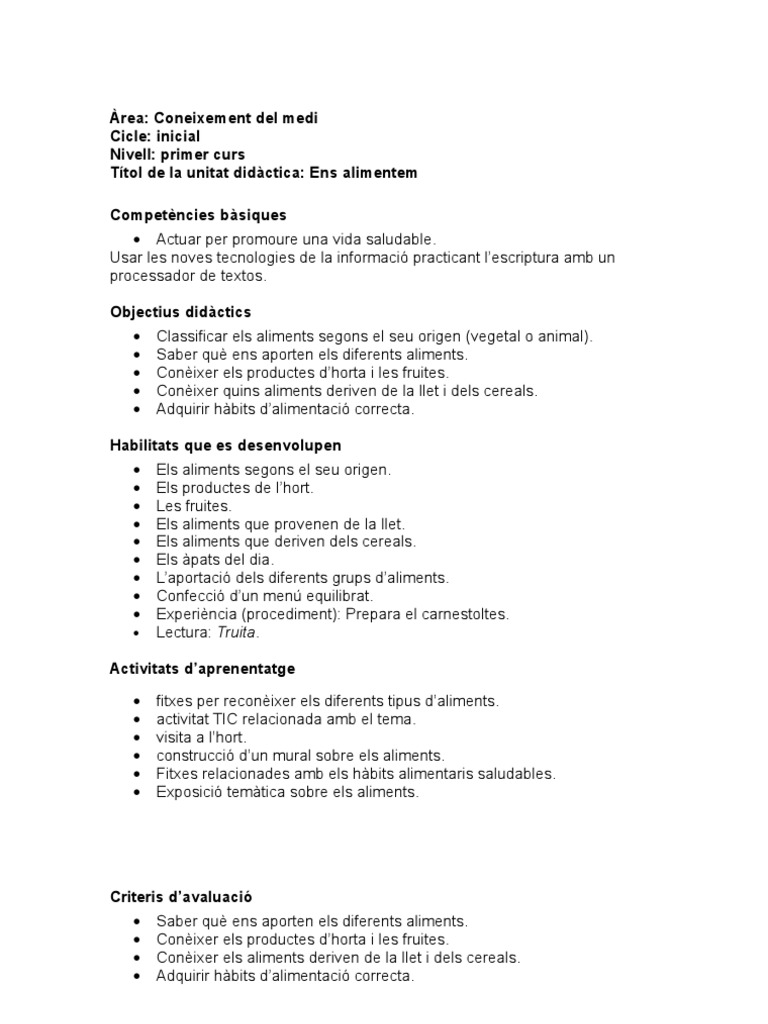 Unitat de Programaci 'Ens Alimentem' | PDF