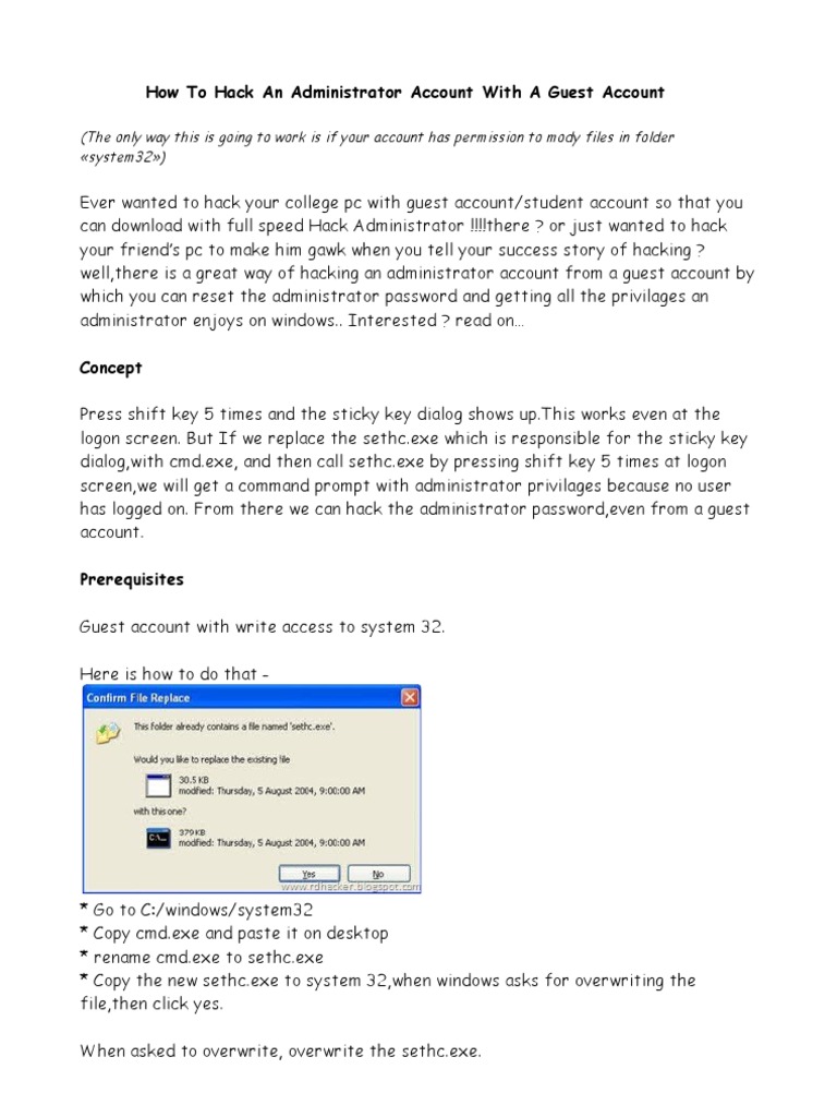 How To Hack An Administrator Account With A Guest Account | PDF ...