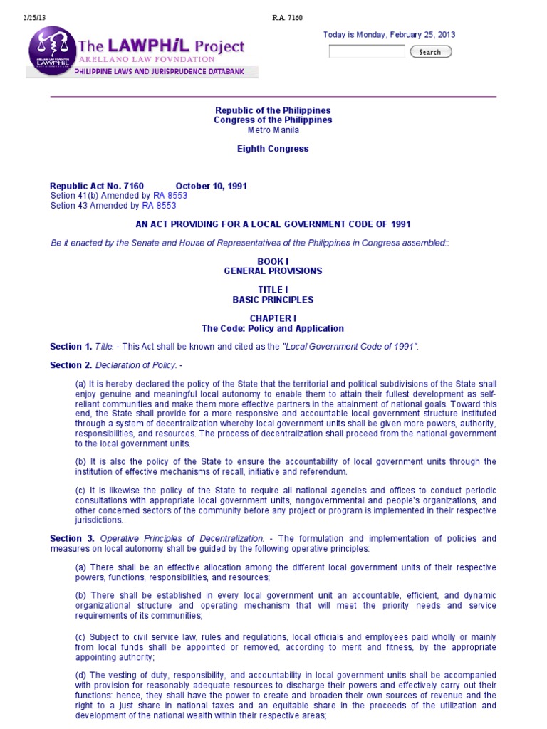 RA 7160 Local Government Code of The Philippines PDF | PDF | Eminent ...