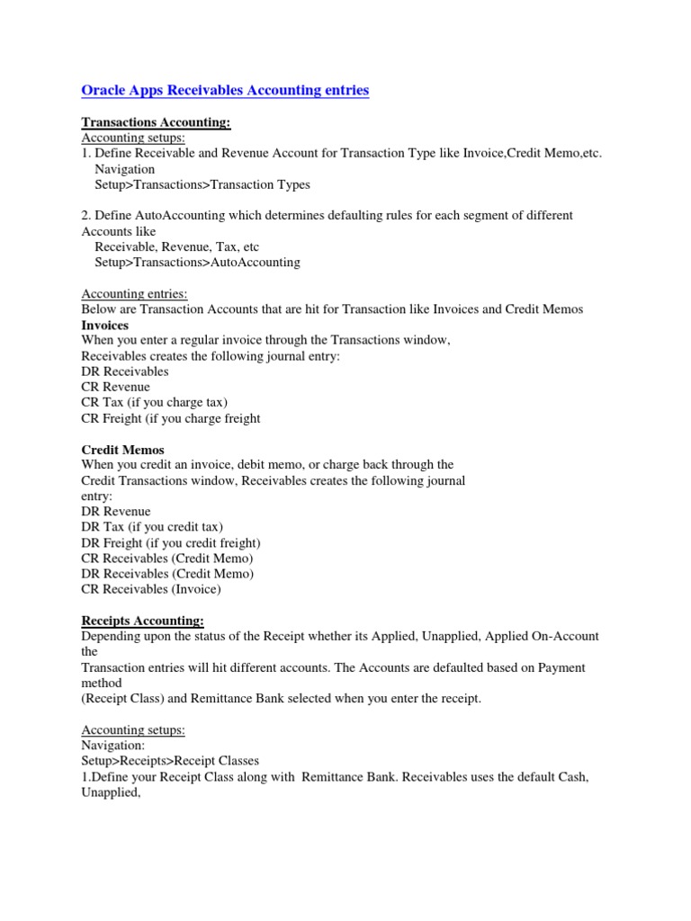 Oracle Receivables Accounting Entries | PDF | Debits And Credits | Invoice