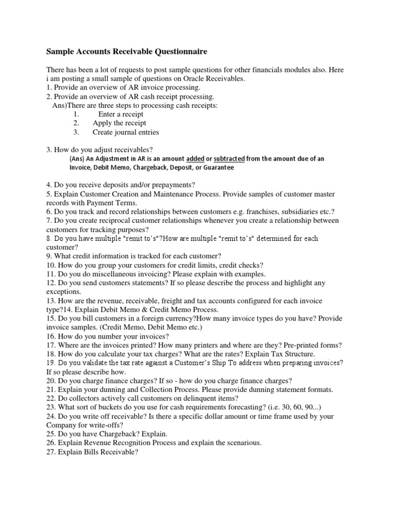 Sample Accounts Receivable Questionnaire | PDF | Invoice | Debits And ...