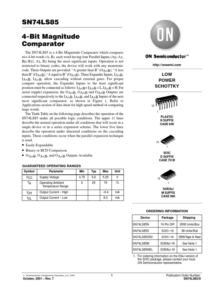 SN74LS85 4-Bit Magnitude Comparator: LOW Power Schottky | PDF ...