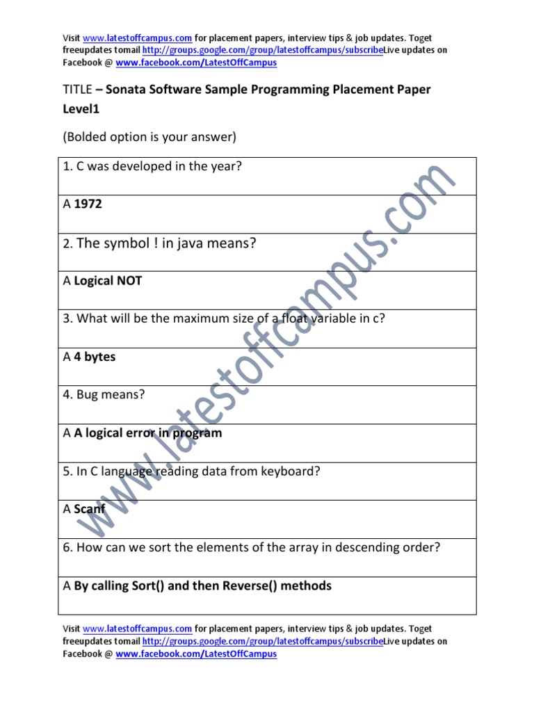 Sonata Software Sample Programming Placement Paper Level1 | PDF | C++ | C (Programming Language)