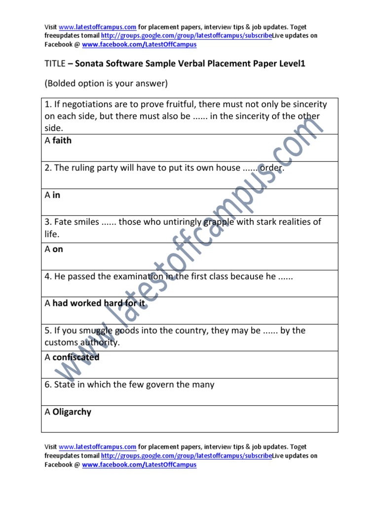 Sonata Software Sample Verbal Placement Paper Level1 | PDF