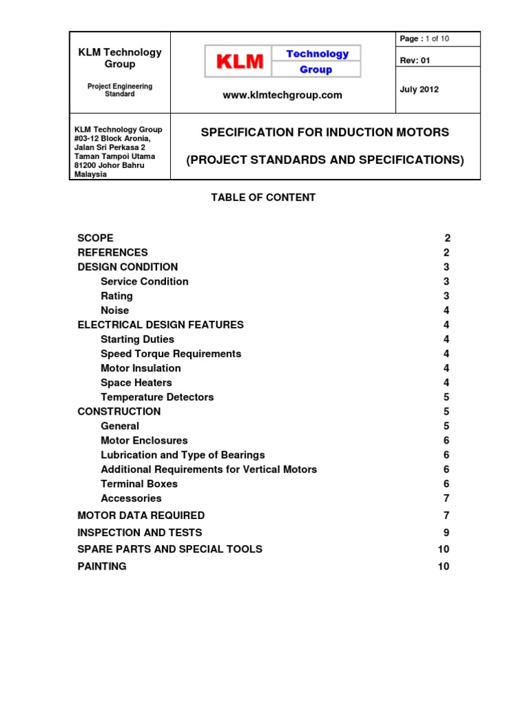 Project Standard and Specifications Electrical Induction Motors ...