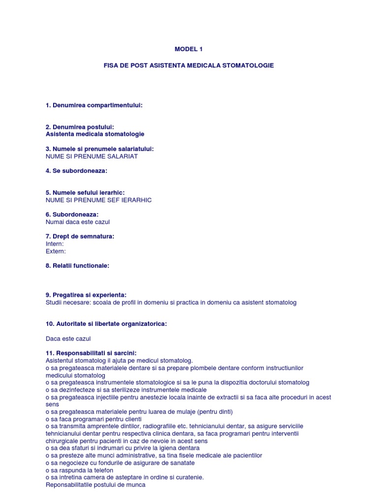 Model Fisa Post - Asistent Medical Stomatologie | PDF