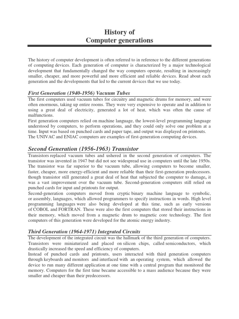 History of Computer Generations: First Generation (1940-1956) Vacuum ...